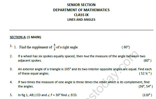 CBSE Class 9 Mathematics Lines and Angles Worksheet Set A